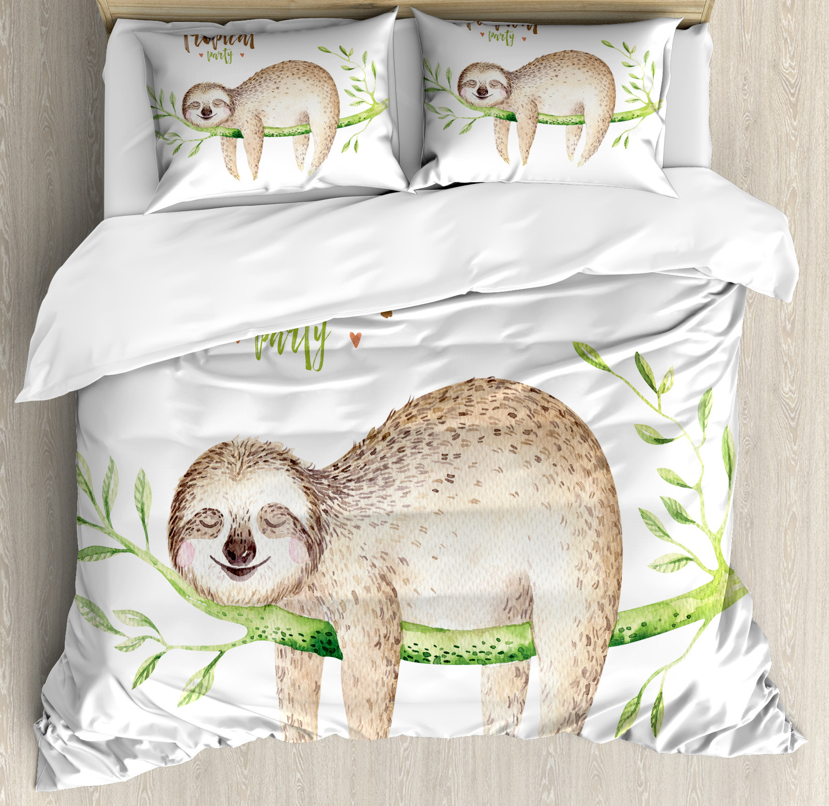 Sloth Duvet Cover Set, Young Animal Sleeping on Palm Branch Happy ...