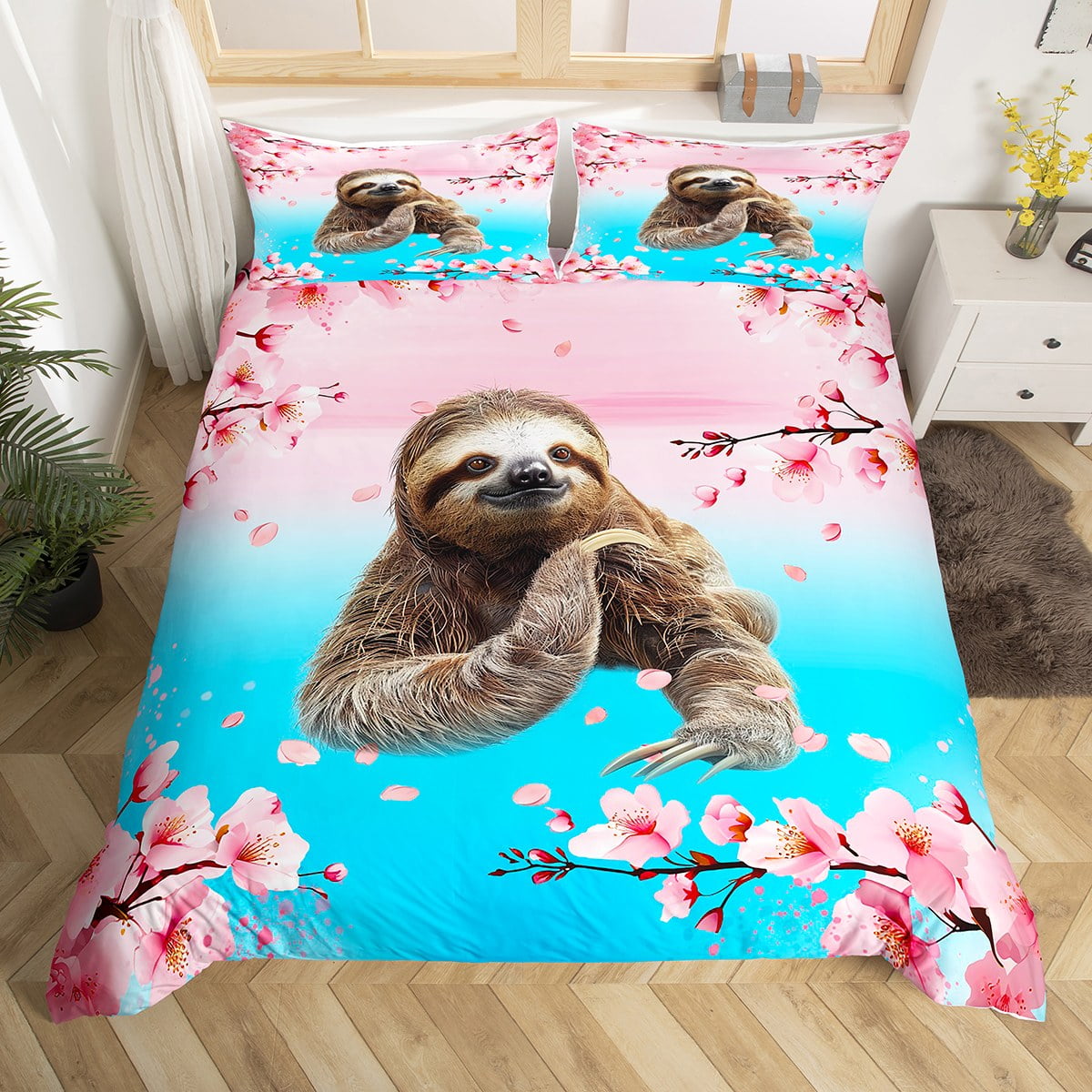 Sloth Duvet Cover Wild Animal Full Bedding Sets for Boys,Cherry Blossom ...