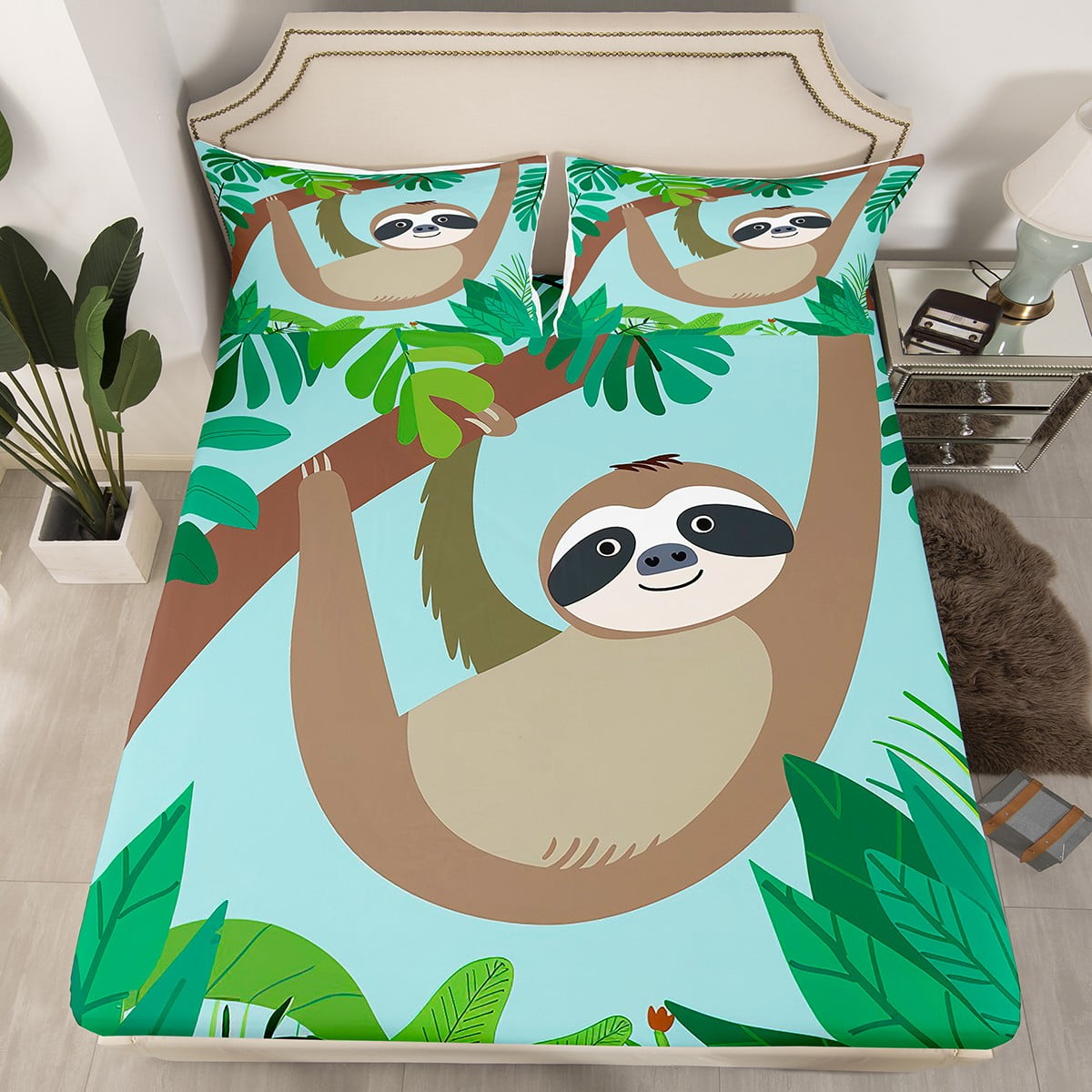 Sloth Fitted Sheet Palm Leaves Bed Sheets Full,Cute Animals Sheets Tree ...