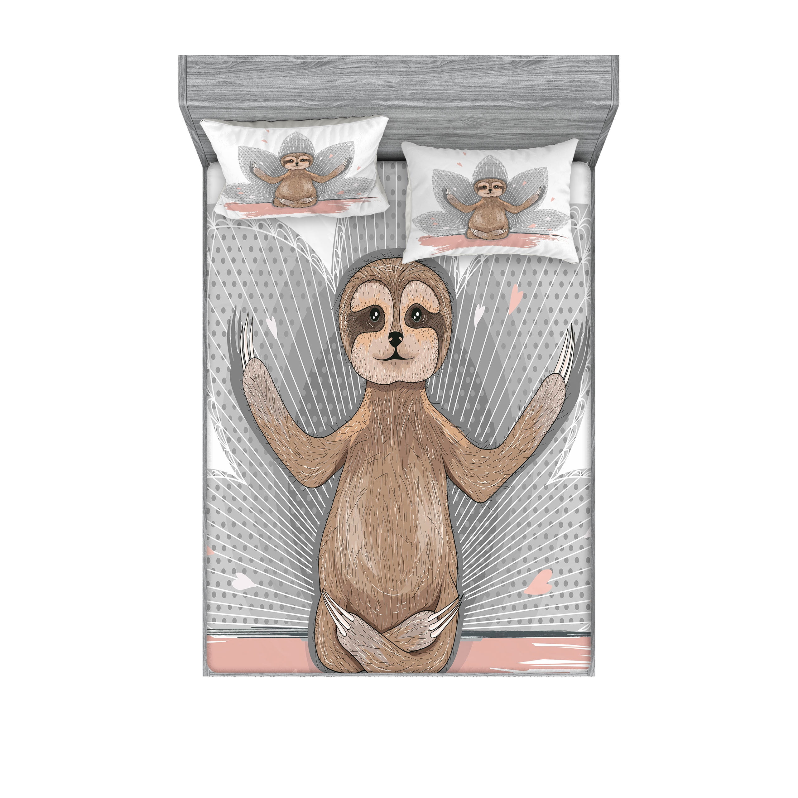 Sloth Fitted Sheet & Pillow Sham Set, Little Sloth Lotus Flower Yoga ...