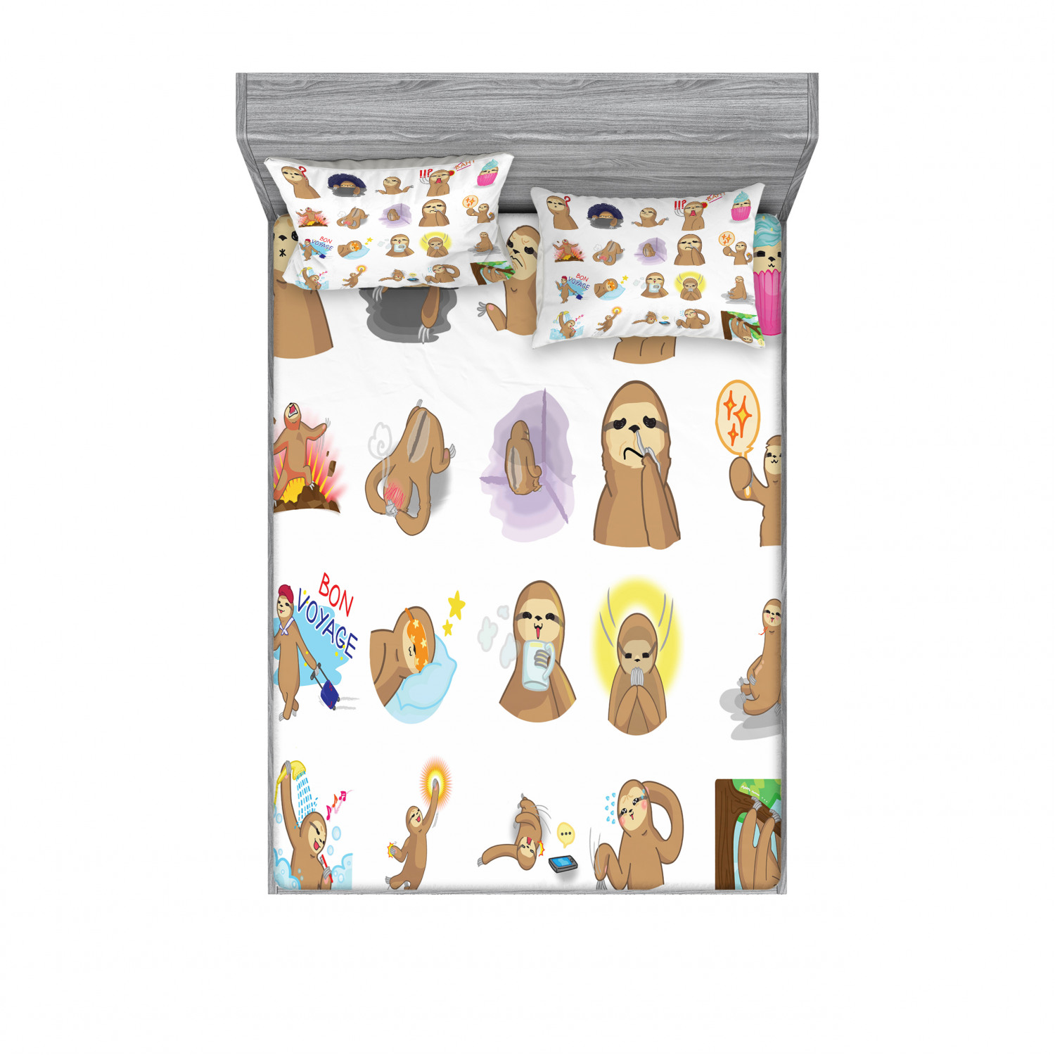 Sloth Fitted Sheet & Pillow Sham Set, Manga Style Sloth Characters with ...
