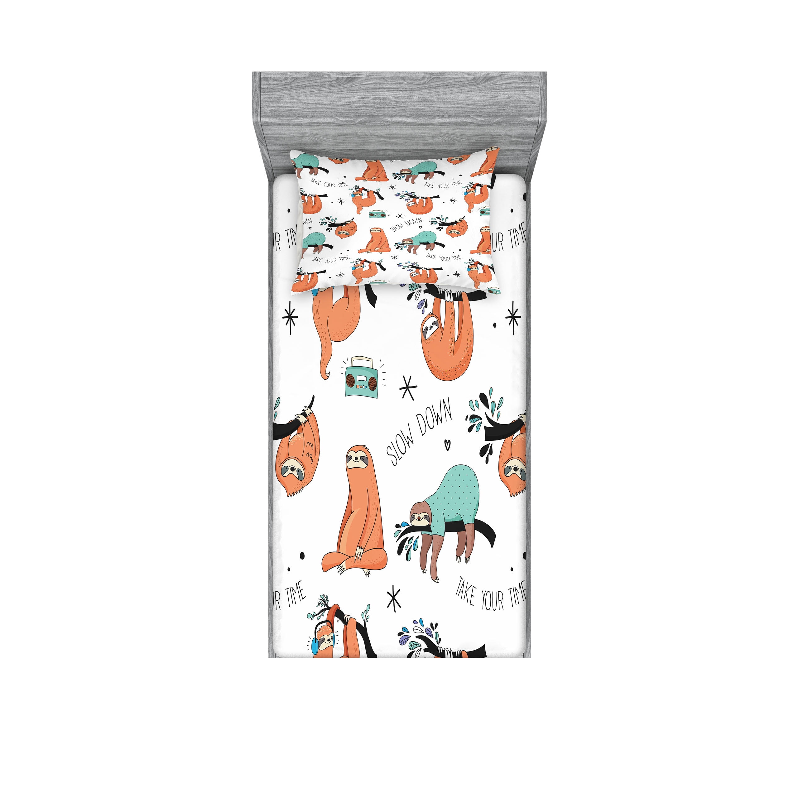Sloth Fitted Sheet & Pillow Sham Set, Pattern Hand Drawn Sloths on ...