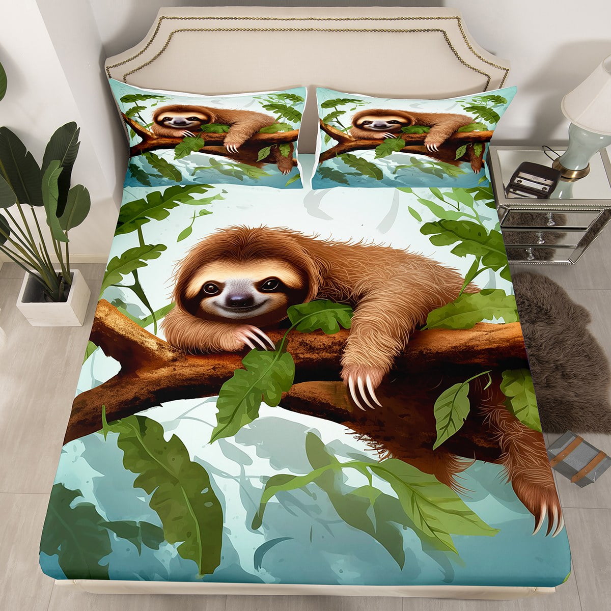 Sloth Fitted Sheet Twin Size, Wild Sloth Bed Set ,Bed-In-A-Bag Sloth ...