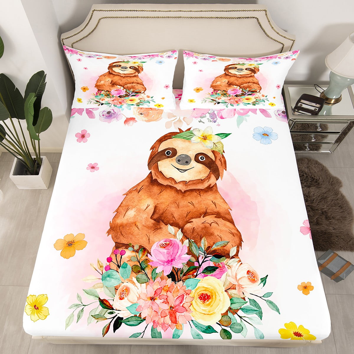 Sloth Fitted Sheet Boho Floral Queen Bed Sheets ,Cute Wild Animal ...