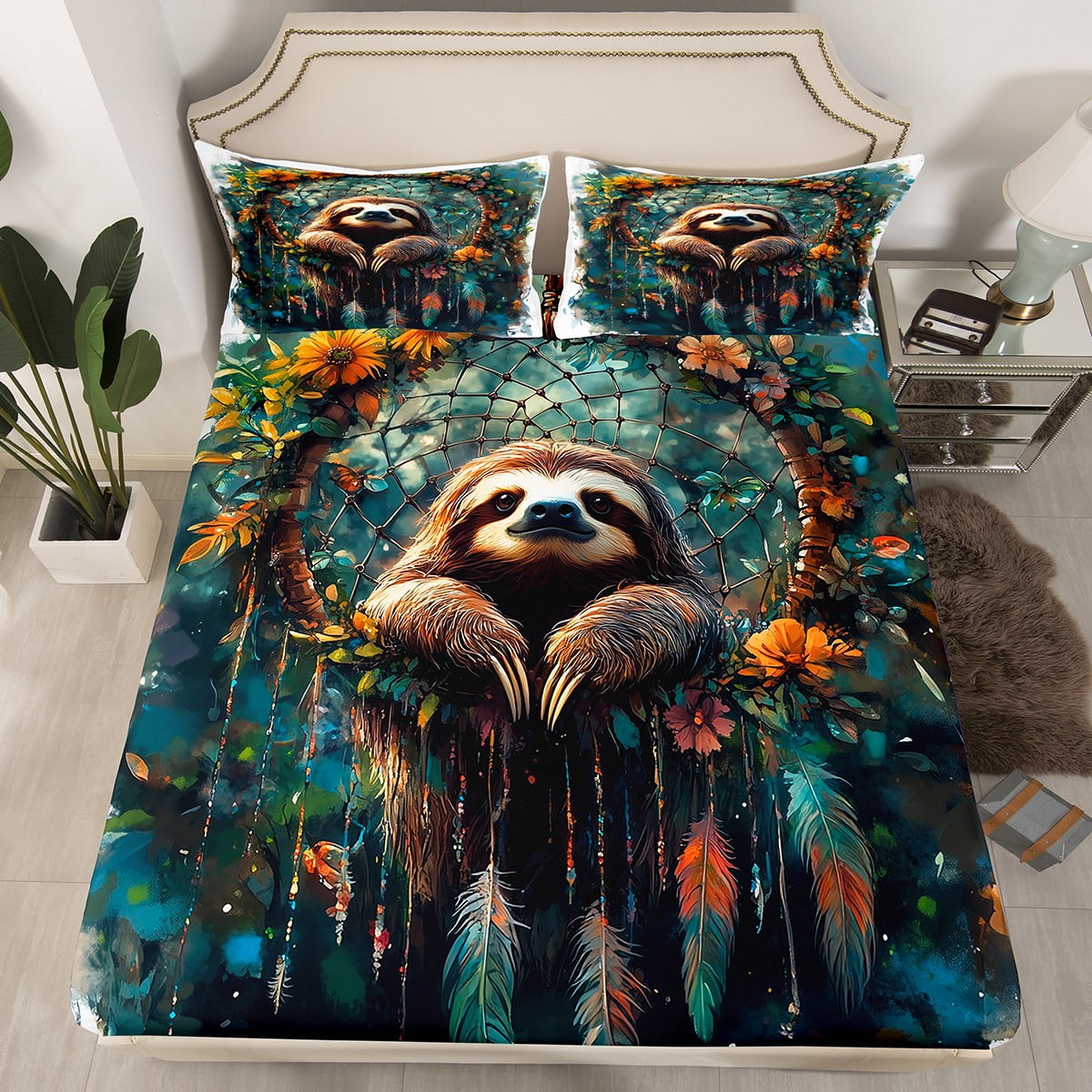 Sloth Fitted Sheet Dream Catchers Sheets,Boho Floral Feather Bed Sheets ...