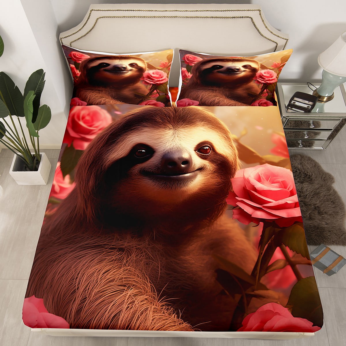 Sloth Fitted Sheet Pink Rose Bed Sheets Full,Romantic Flowers Sheets ...
