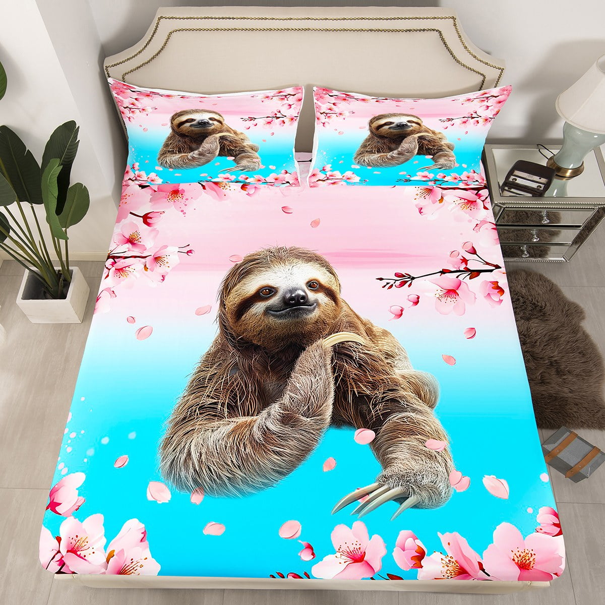 Sloth Fitted Sheet Wild Animal Twin Bed Sheets for Girls,Cherry Blossom ...