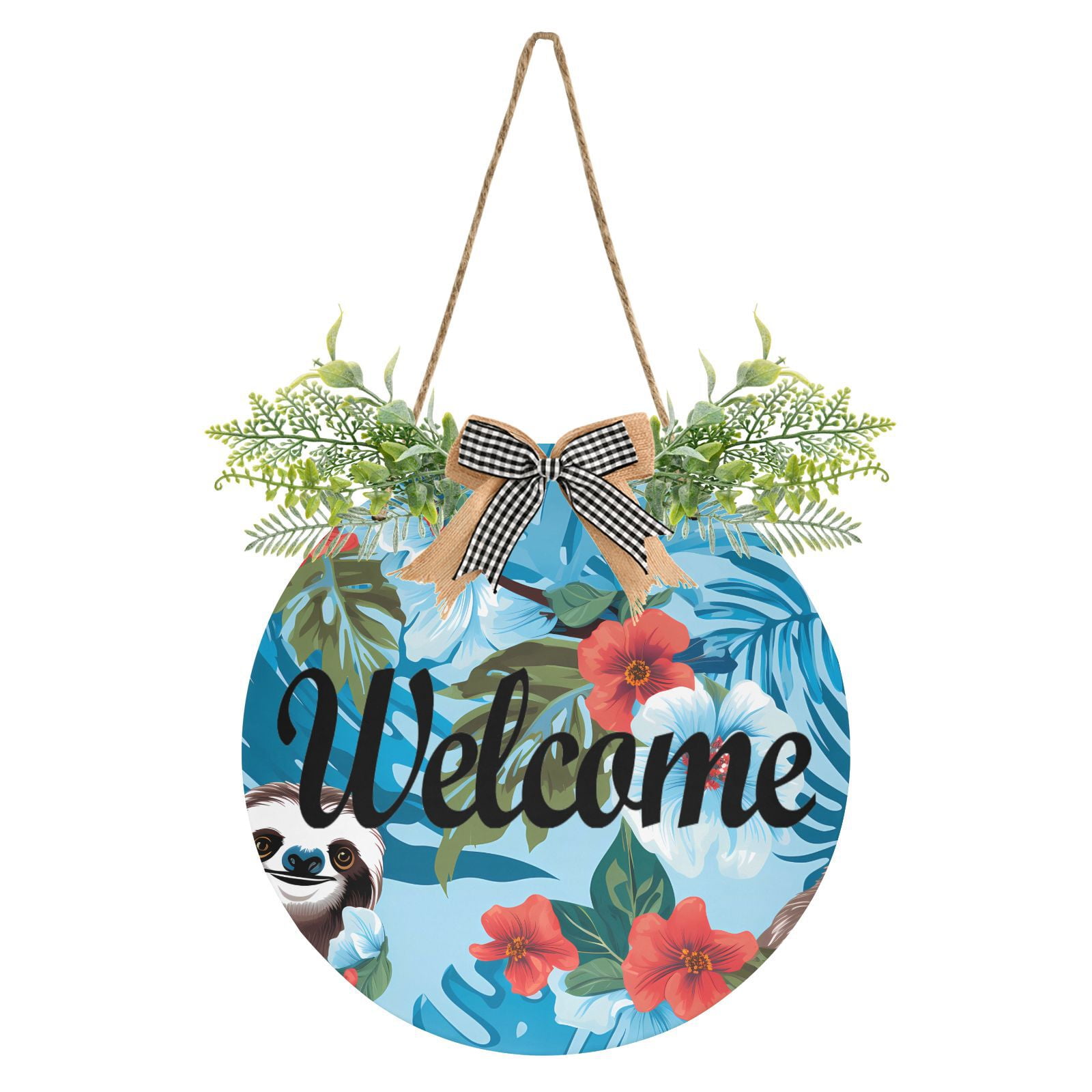 Sloth Flowers Leaves Blue Welcome Sign for Front Door Wreath Door Sign ...