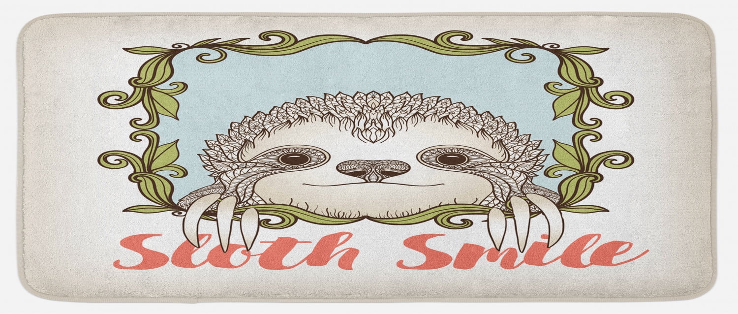 Sloth Kitchen Mat, Exotic Animal in Floral Frame Smile Theme Mammal ...