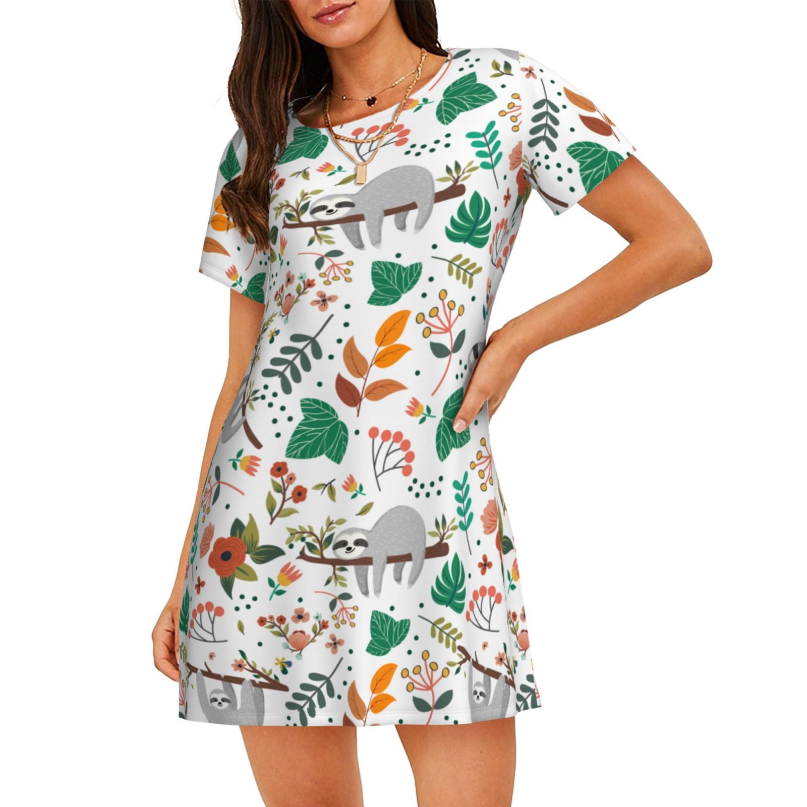Sloth Leaves Pattern Women'S Nightgown Sleepwear Short Sleeves ...