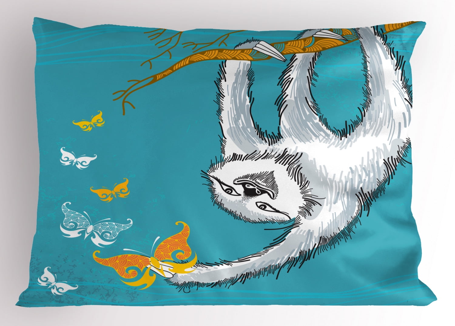 Sloth Pillow Sham Sketchy Sloth with Butterflies Ornate Branch Nature ...