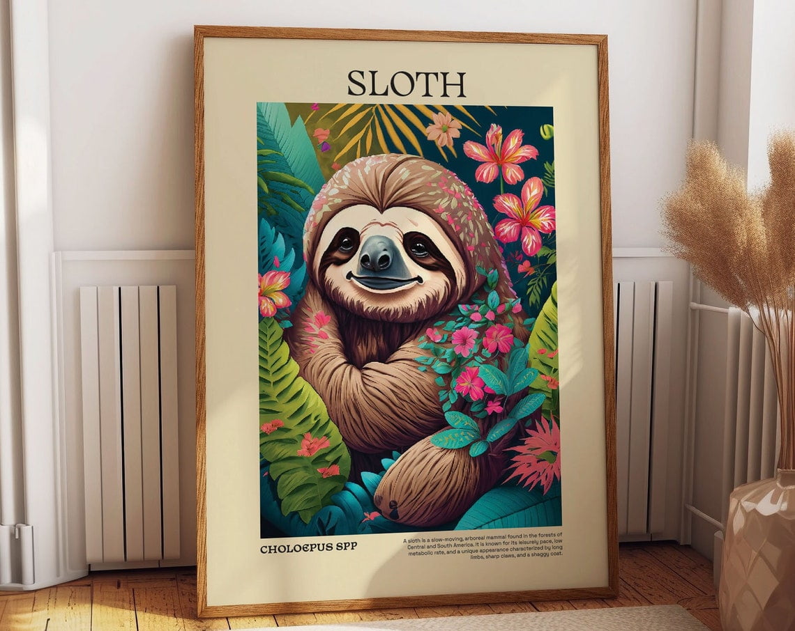 Sloth Poster - Playful Wildlife Wall Art Poster With Lazy Sloth In ...