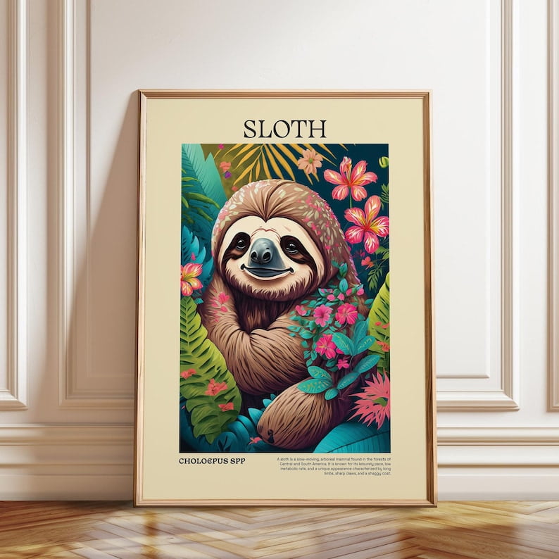 Sloth Poster - Playful Wildlife Wall Art Poster With Lazy Sloth In ...