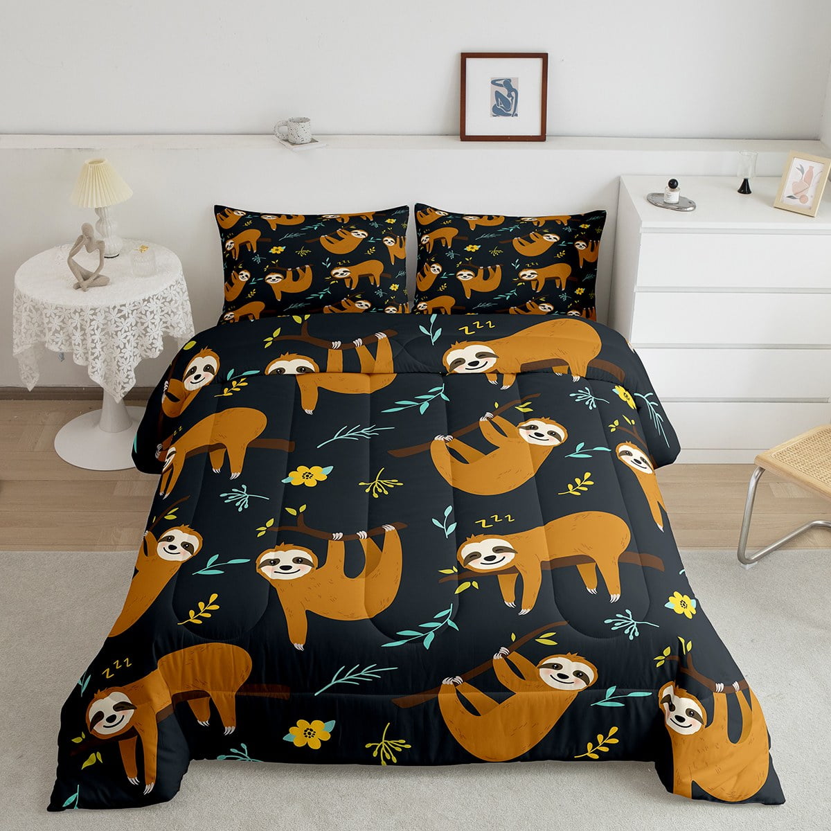 Sloth Queen Comforter Set Kawaii Decor,Lovely Sloth Jungle Tropical ...