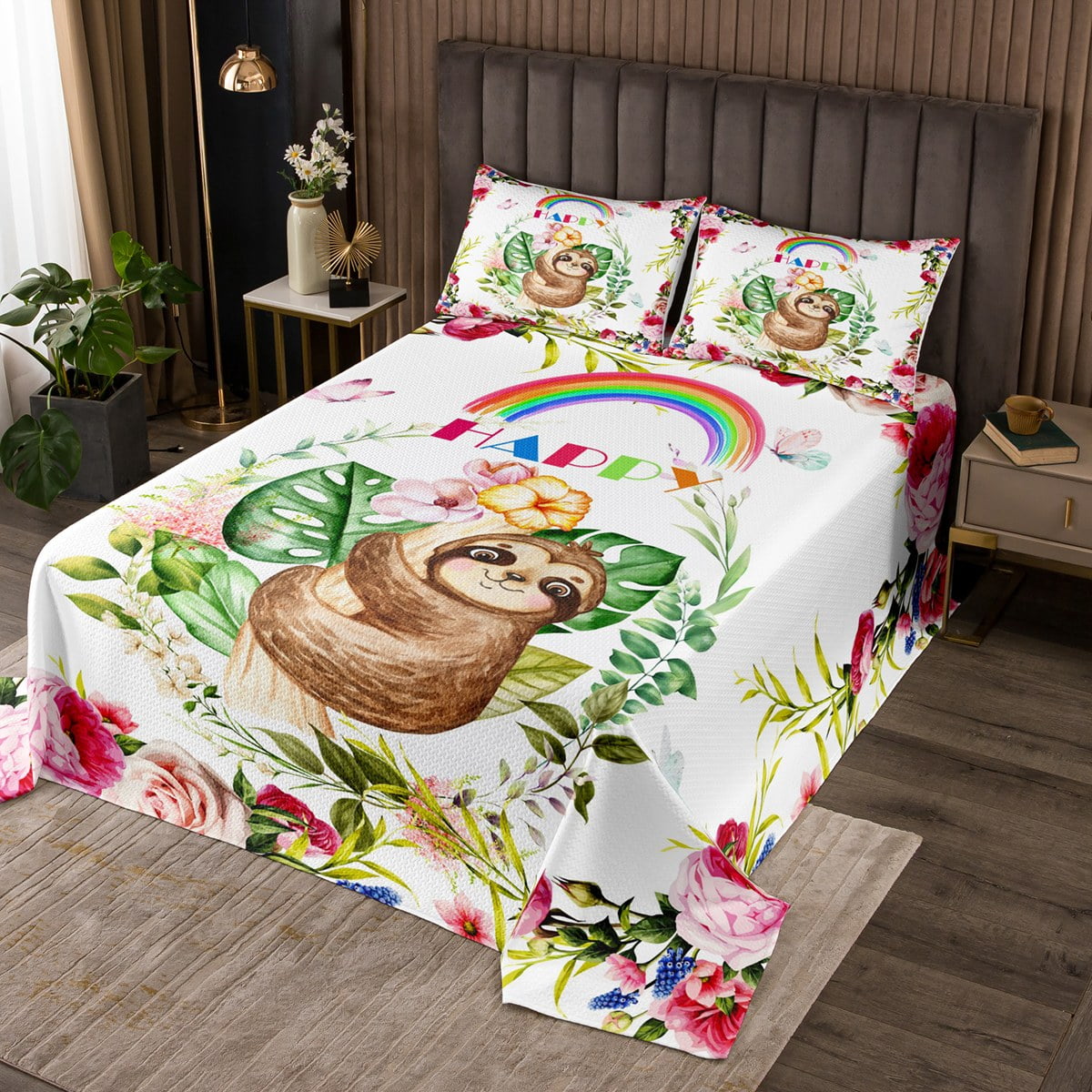Sloth Quilt Set,Cute Rainbow Cartoon Sloth Bedspread Set Kawaii Room ...