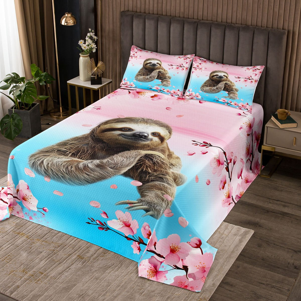 Sloth Quilt Set Wild Animal Twin Bedspread Set,Cherry Blossom Coverlet ...