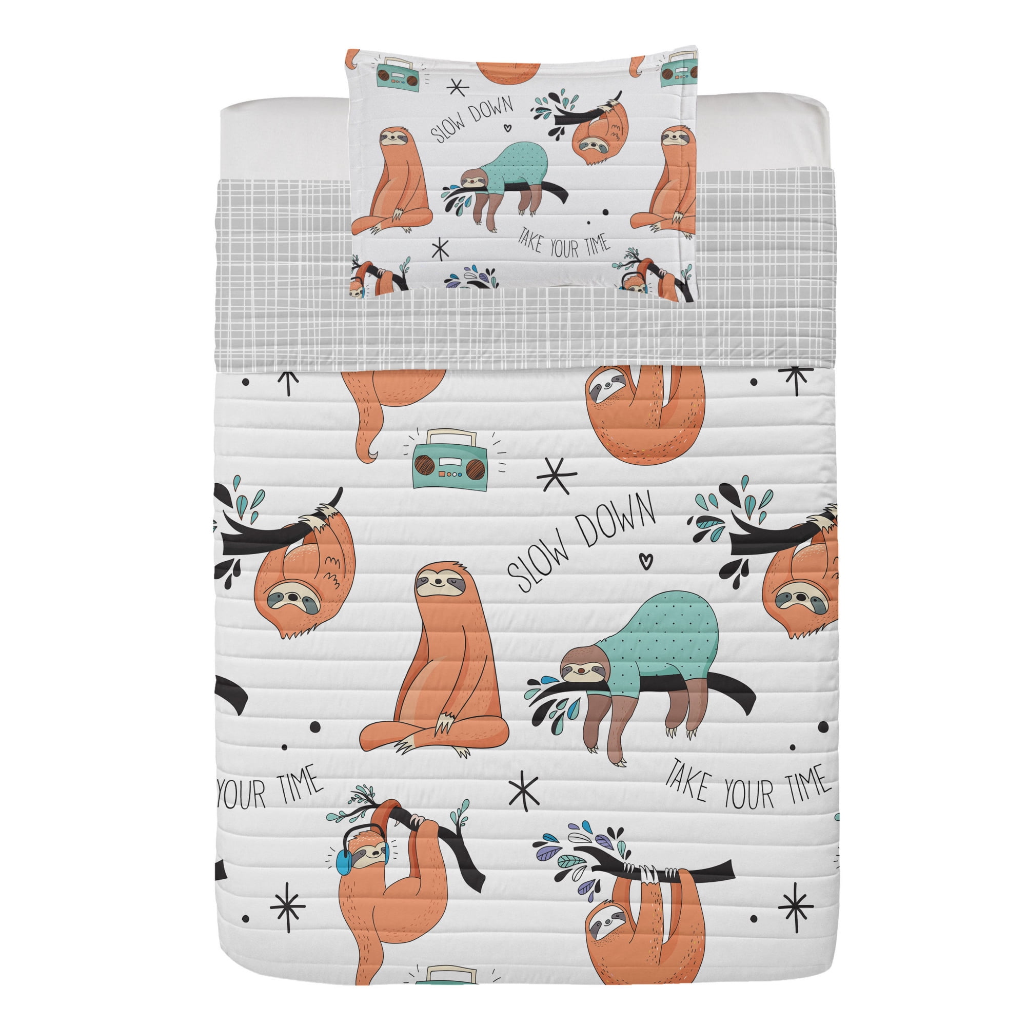 Sloth Reversible Bedspread Set, Pattern Hand Drawn Sloths on Branches ...