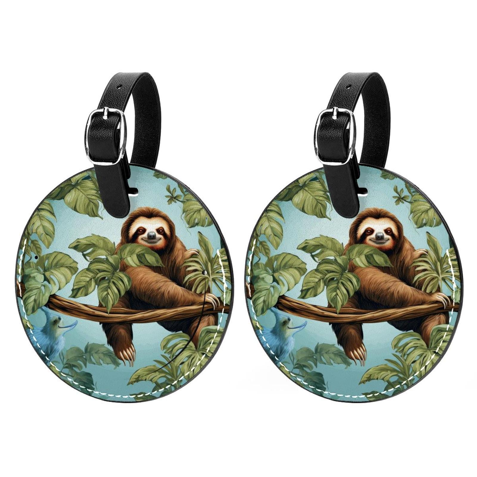 Sloth Set of 2pcs PU Leather Round Suitcase Tags with Privacy Cover and ...