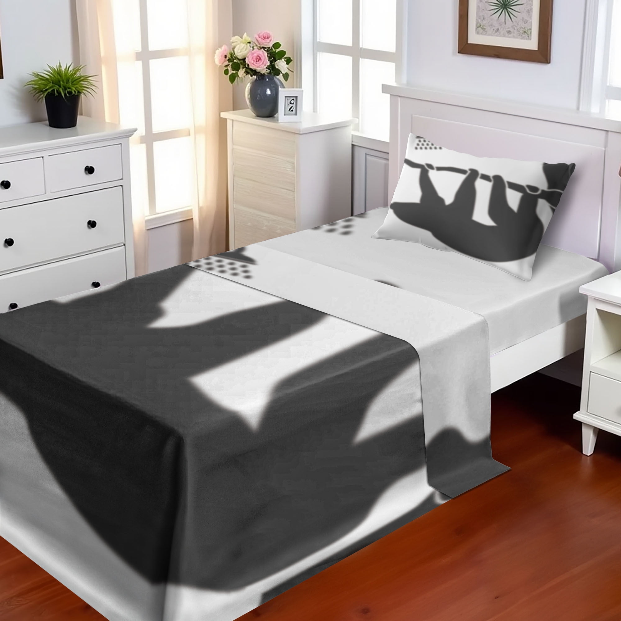 Sloth Sheet Set, Animal Silhouette Hanging from Showering Funny Forest ...