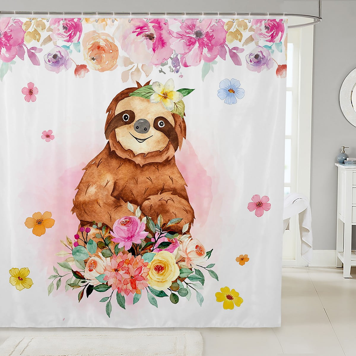 Sloth Shower Curtain Boho Floral Bath Curtain,Cute Wild Animal Bathroom ...