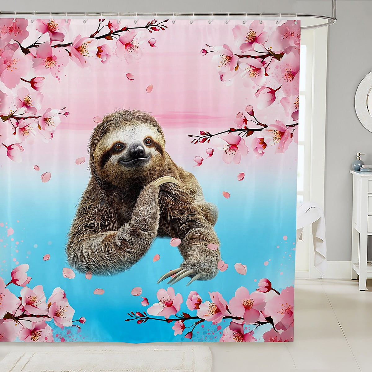 Sloth Shower Curtain Wild Animal Bath Curtain,Cherry Blossom Fabric ...