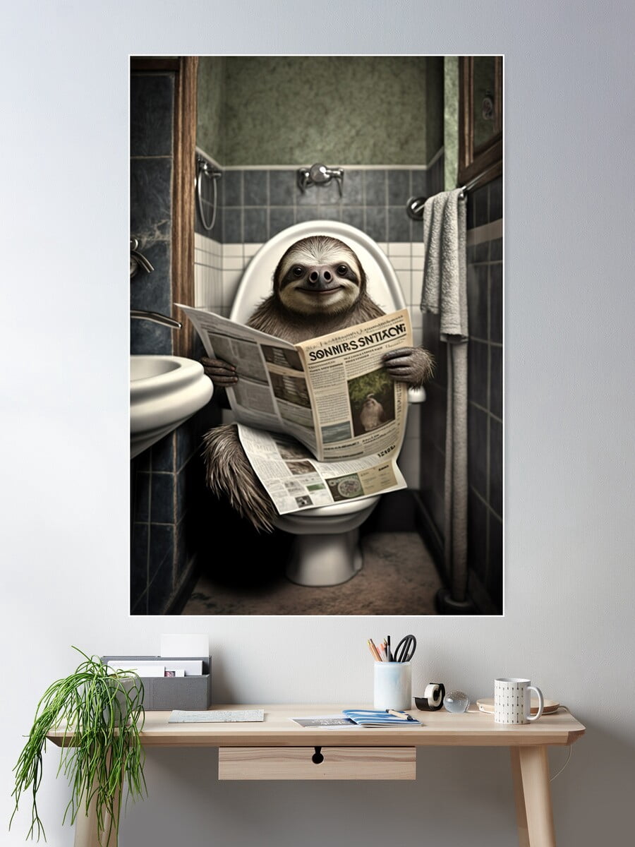Sloth Sitting On The Toilet Reading A Newspaper Poster Wall Art, Modern ...