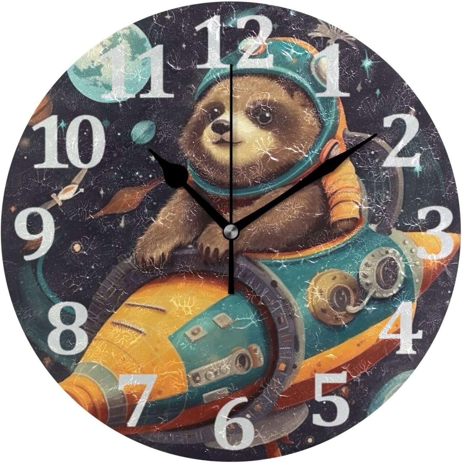 Sloth Space Planet Wall Clock Round Vintage Silent Non Ticking Battery ...