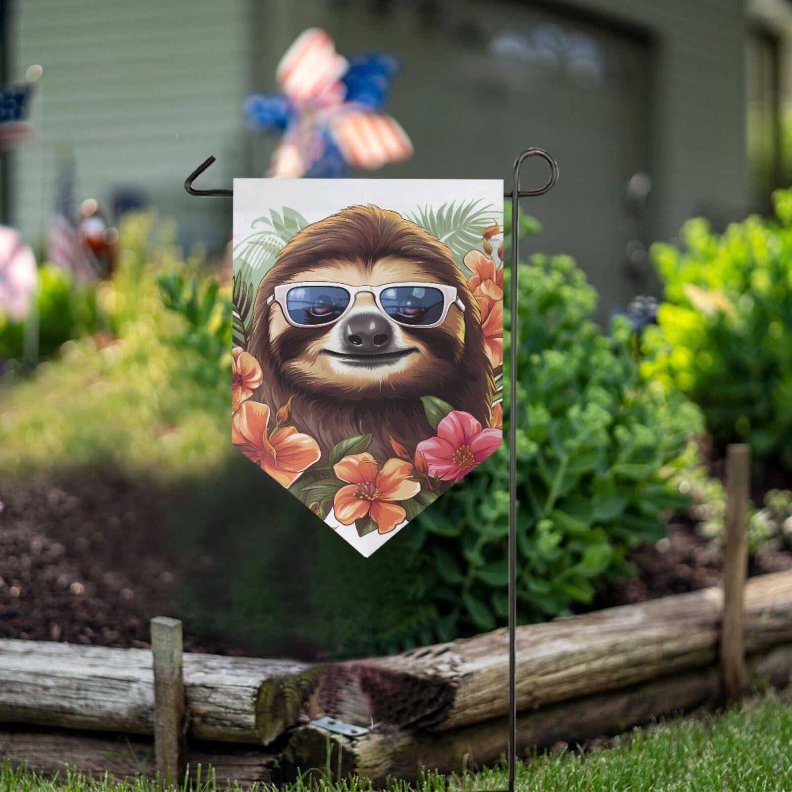 Sloth Sunglasses Flowers Floral Garden Flag 18" x 12.5" Double Sided ...