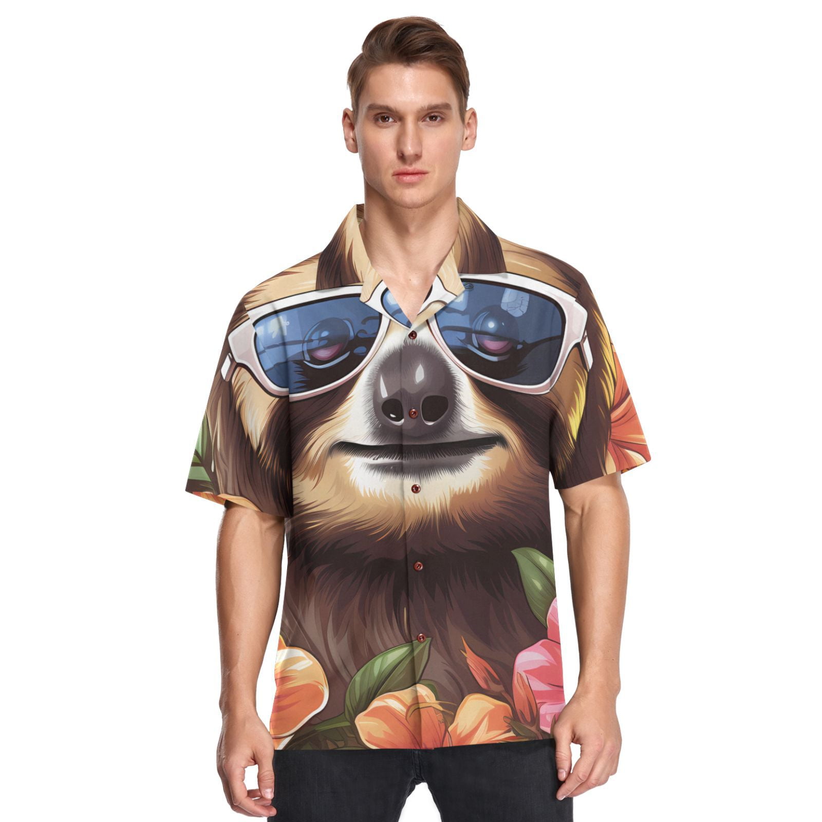 Sloth Sunglasses Flowers Floral Men's Hawaiian Wrinkle Free Button Down ...