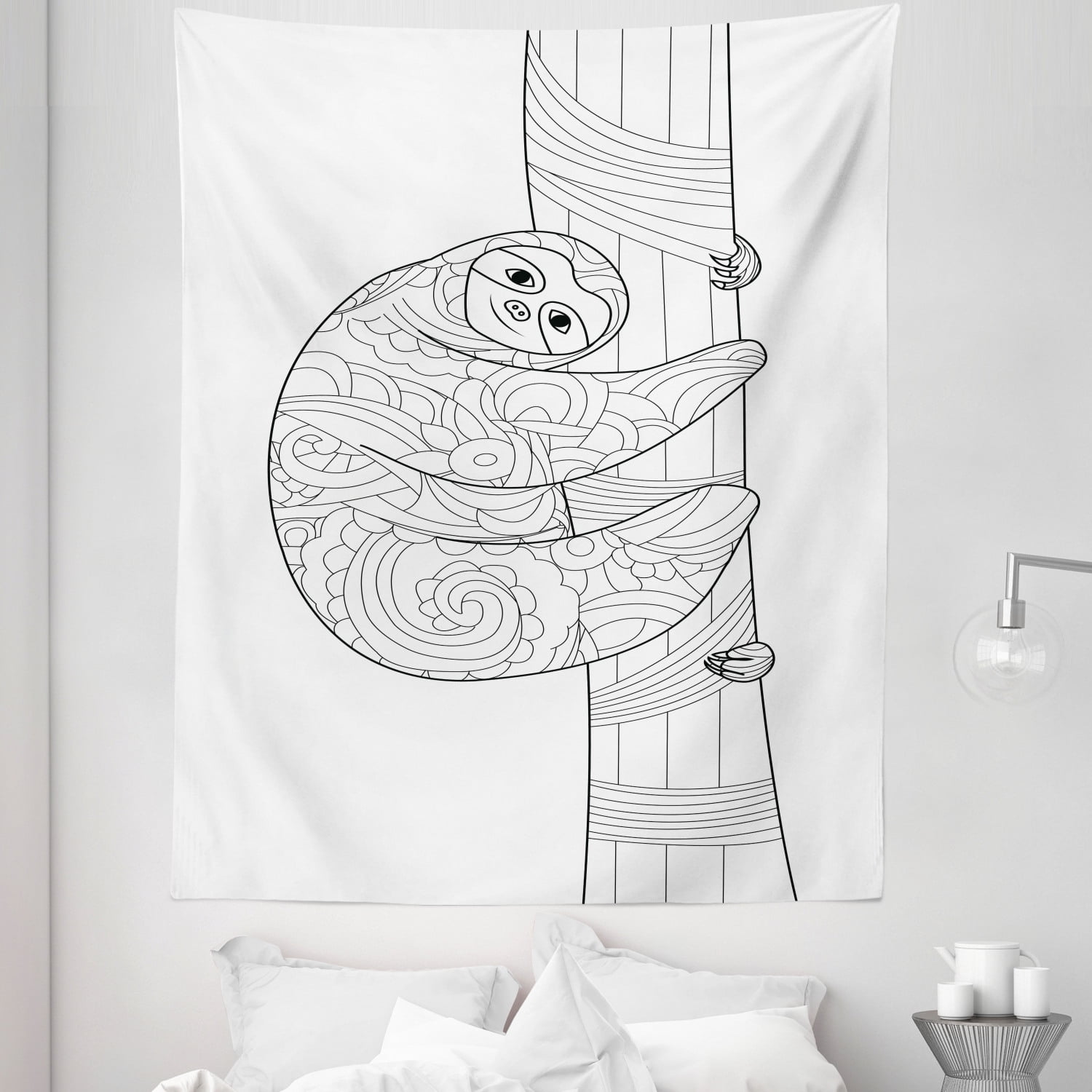 Sloth Tapestry, Sloth Animal Outline on Branch with Ornate Details ...