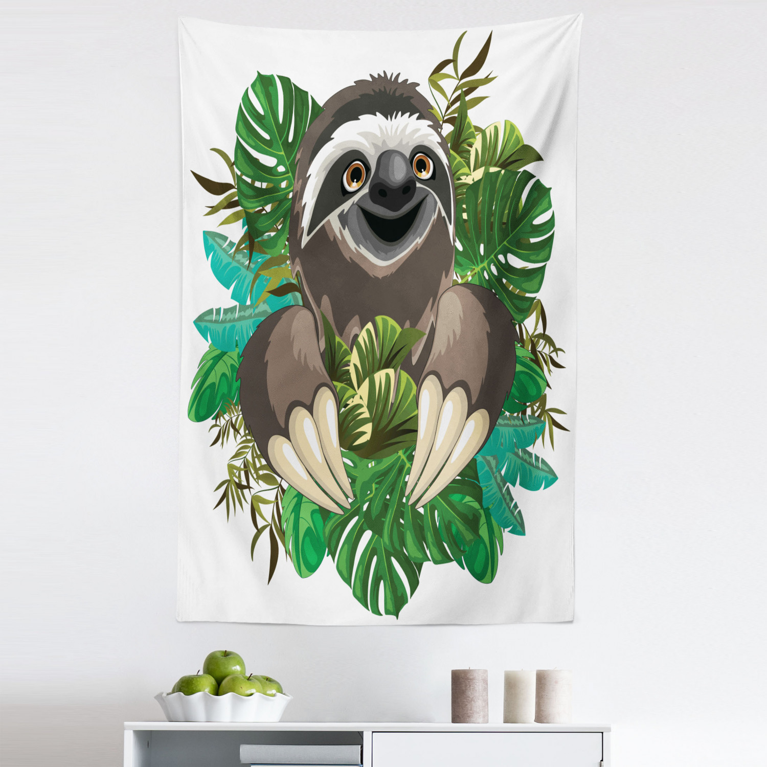 Sloth Tapestry, Cartoon Mammal on Tropical Jungle Green Banana Leaves ...