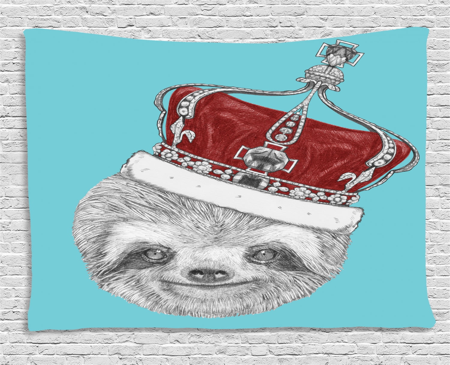 Sloth Tapestry, Cute Hand Drawn Animal with Imperial Ancient Crown King ...