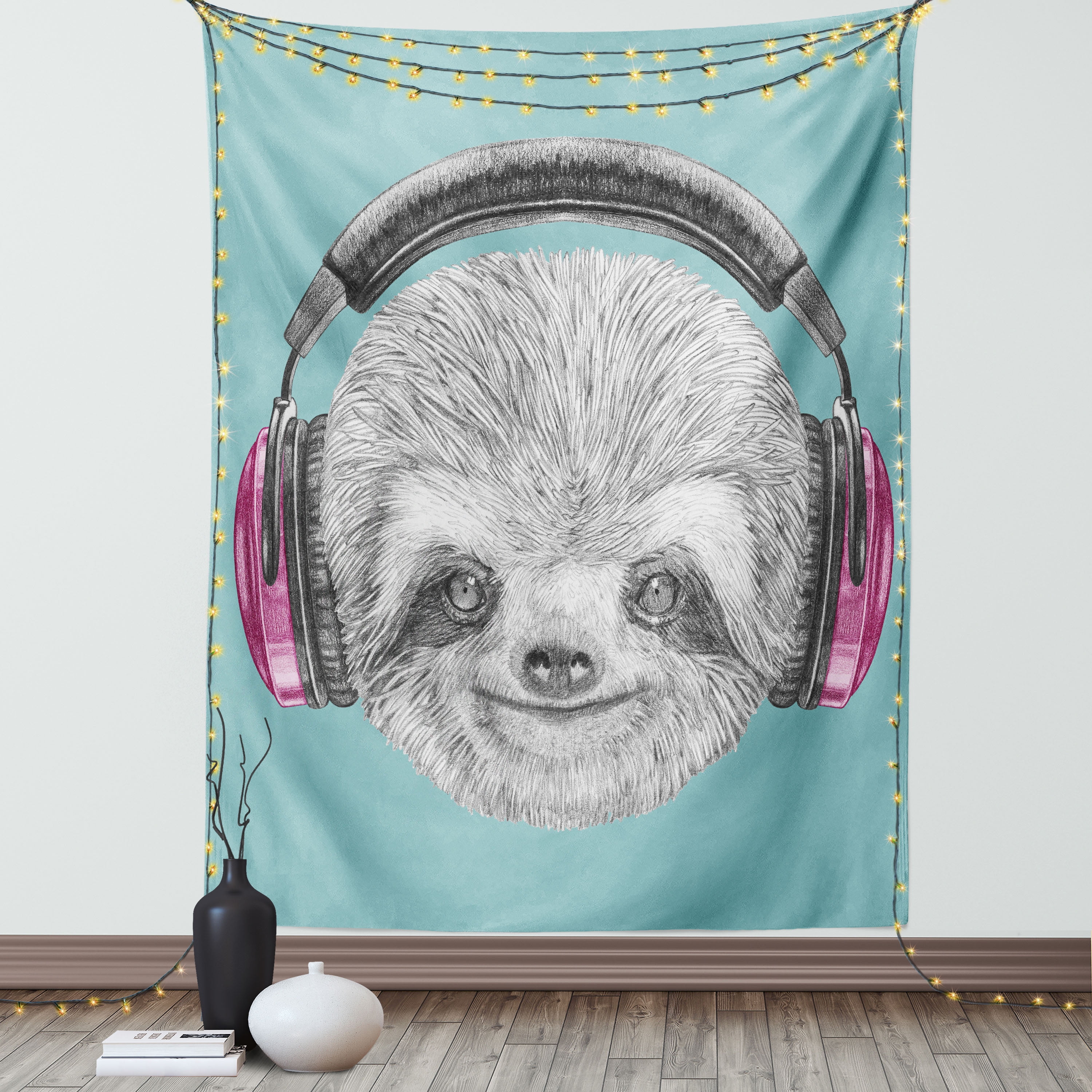 Sloth Tapestry, DJ Sloth Portrait with Headphones Funny Modern ...