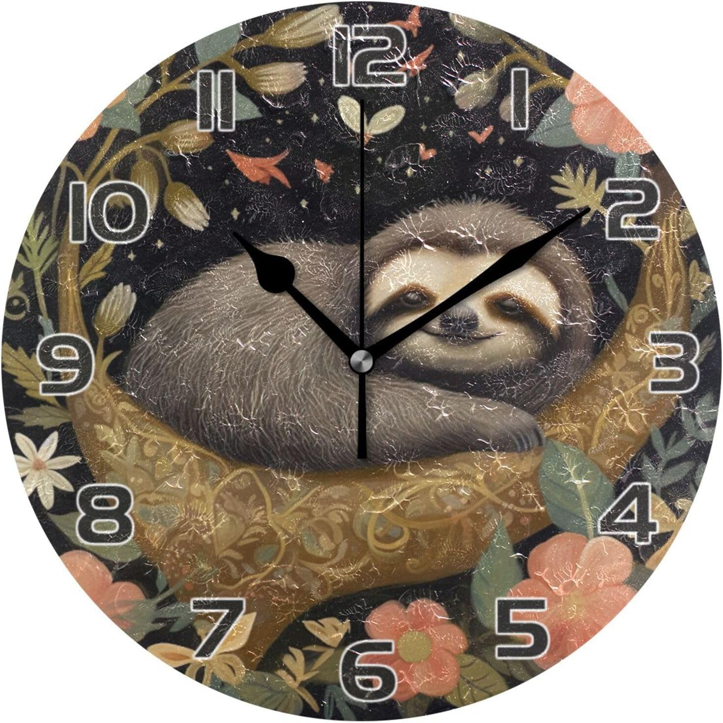 Sloth on Tree Flowers Wall Clock Round Vintage Silent Non Ticking ...