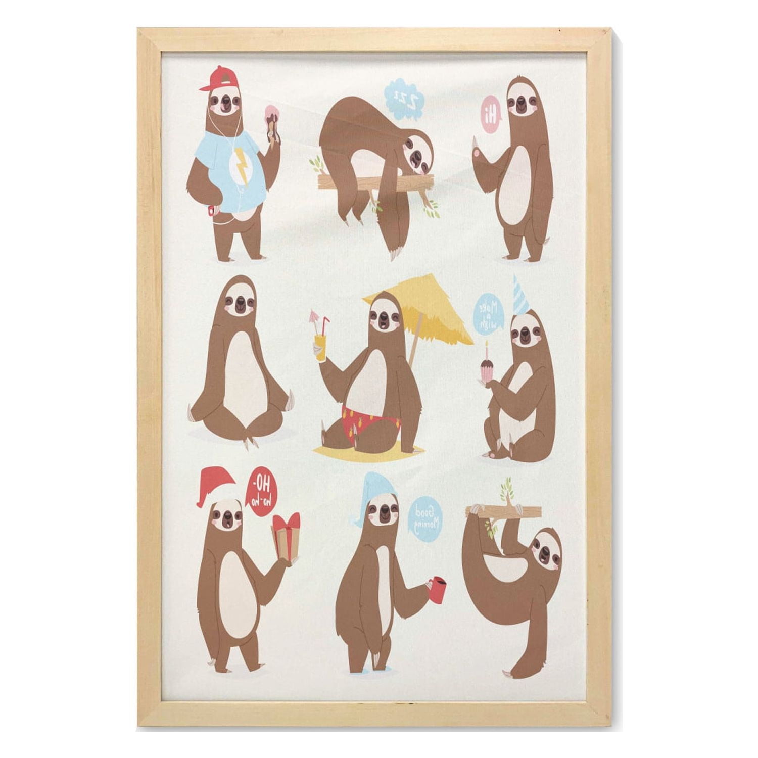 Sloth Wall Art with Frame, Funny Sluggard Animal Character Different ...