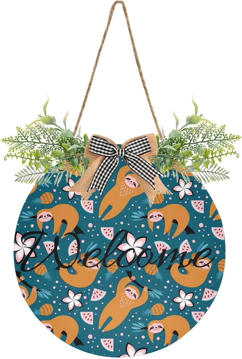 Sloth Watermelon Welcome Sign for Front Door, Round Sign Hanging ...