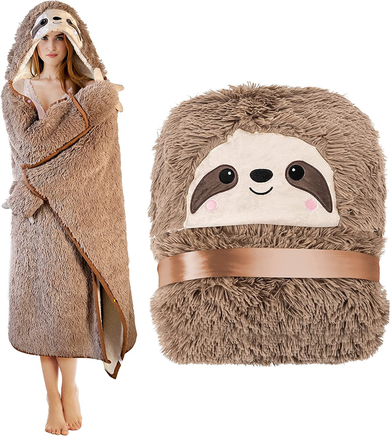 Sloth Wearable Hooded Blanket for Adults - Fluffy Super Soft Shaggy ...