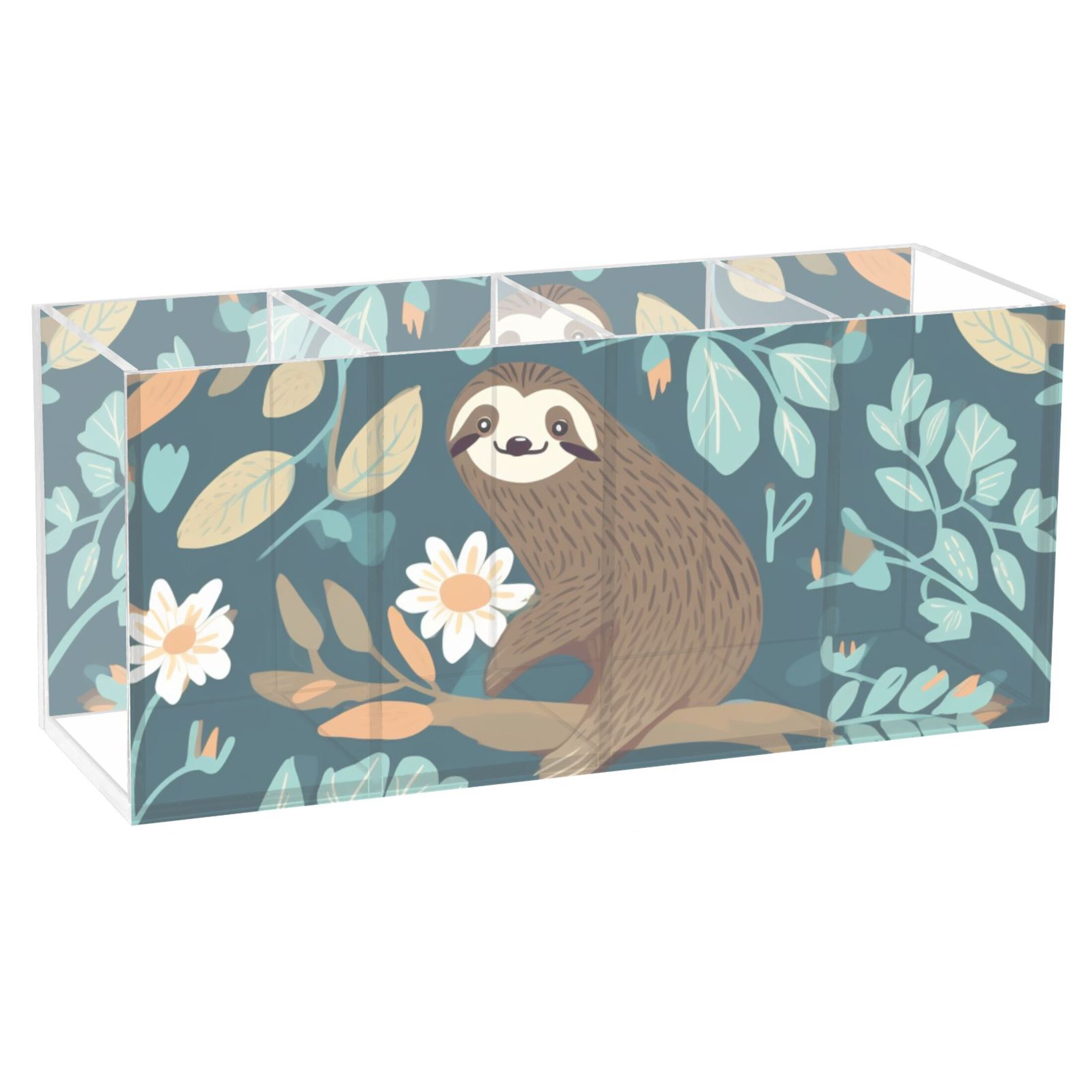 Sloth and Daisy Floral Acrylic Pen Holder Cup 4 Compartments Clear ...