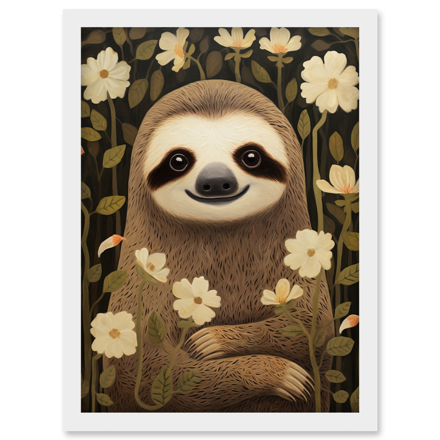 Sloth with Jasmine and Anemone Flowers Elegant Artwork Framed Wall Art ...