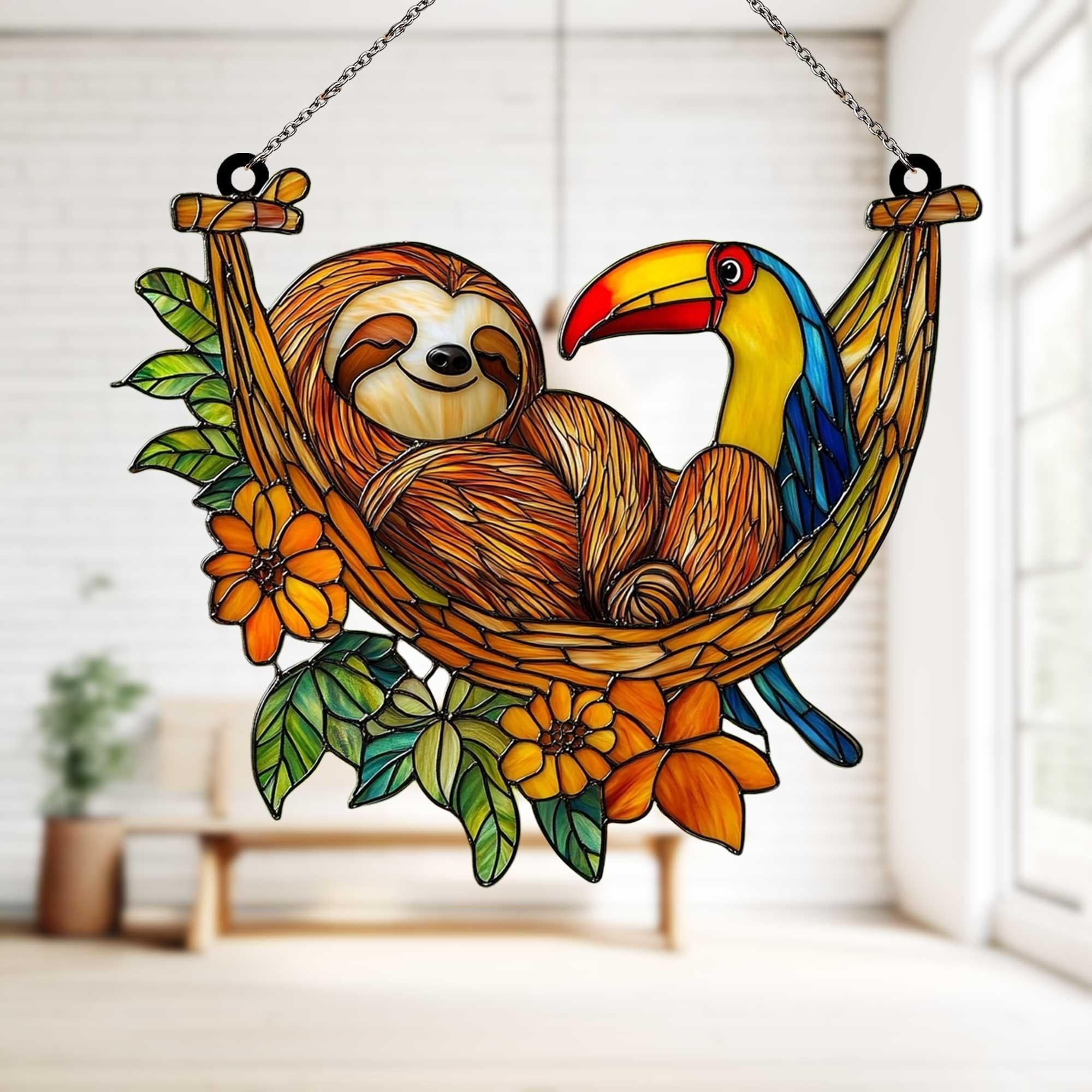 Sloth with Toucan Faux Stained Glass Acrylic Suncatcher, Tropical ...