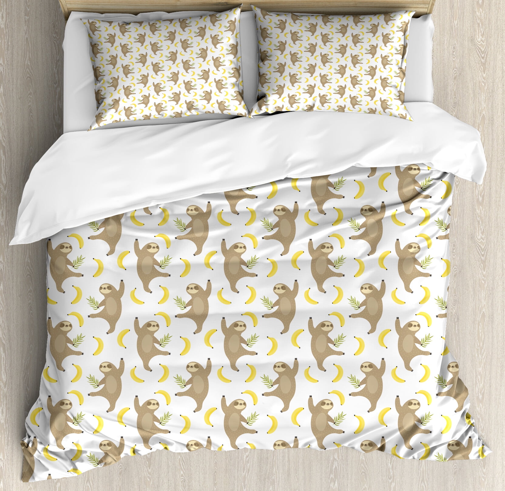 Sloths Duvet Cover Set, Tropical Print of Dancing Sloths and Banana ...