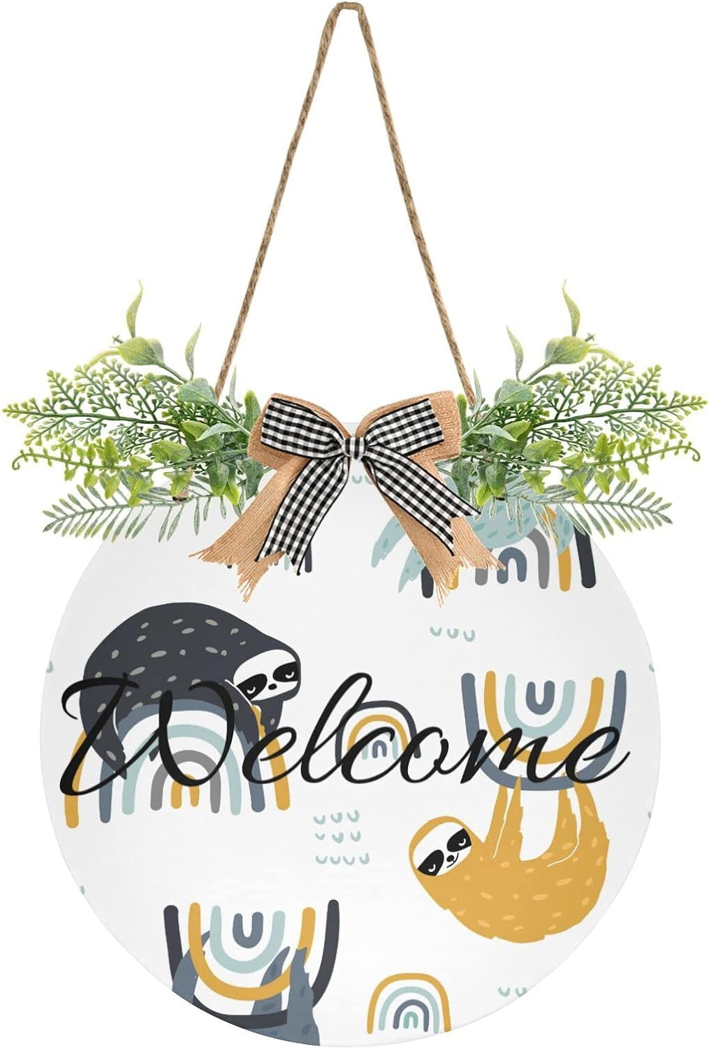 Sloths on Rainbows Welcome Sign for Front Door, Round Sign Hanging ...