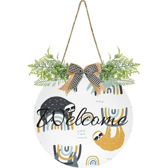 Sloths on Rainbows Welcome Sign for Front Door, Round Sign Hanging ...