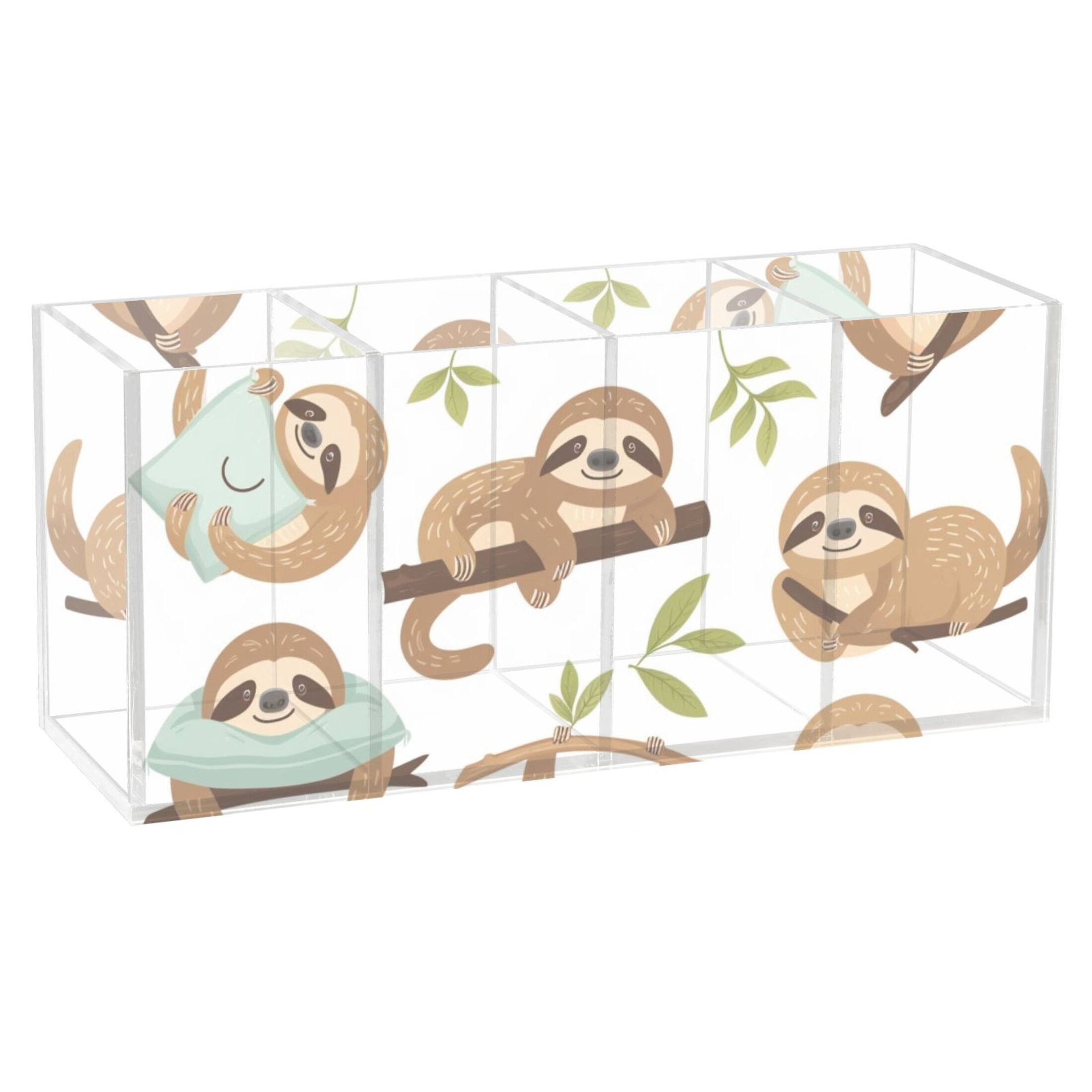 Sloths with Branch and Leaf Acrylic Pen Holder 4 Compartments Clear ...