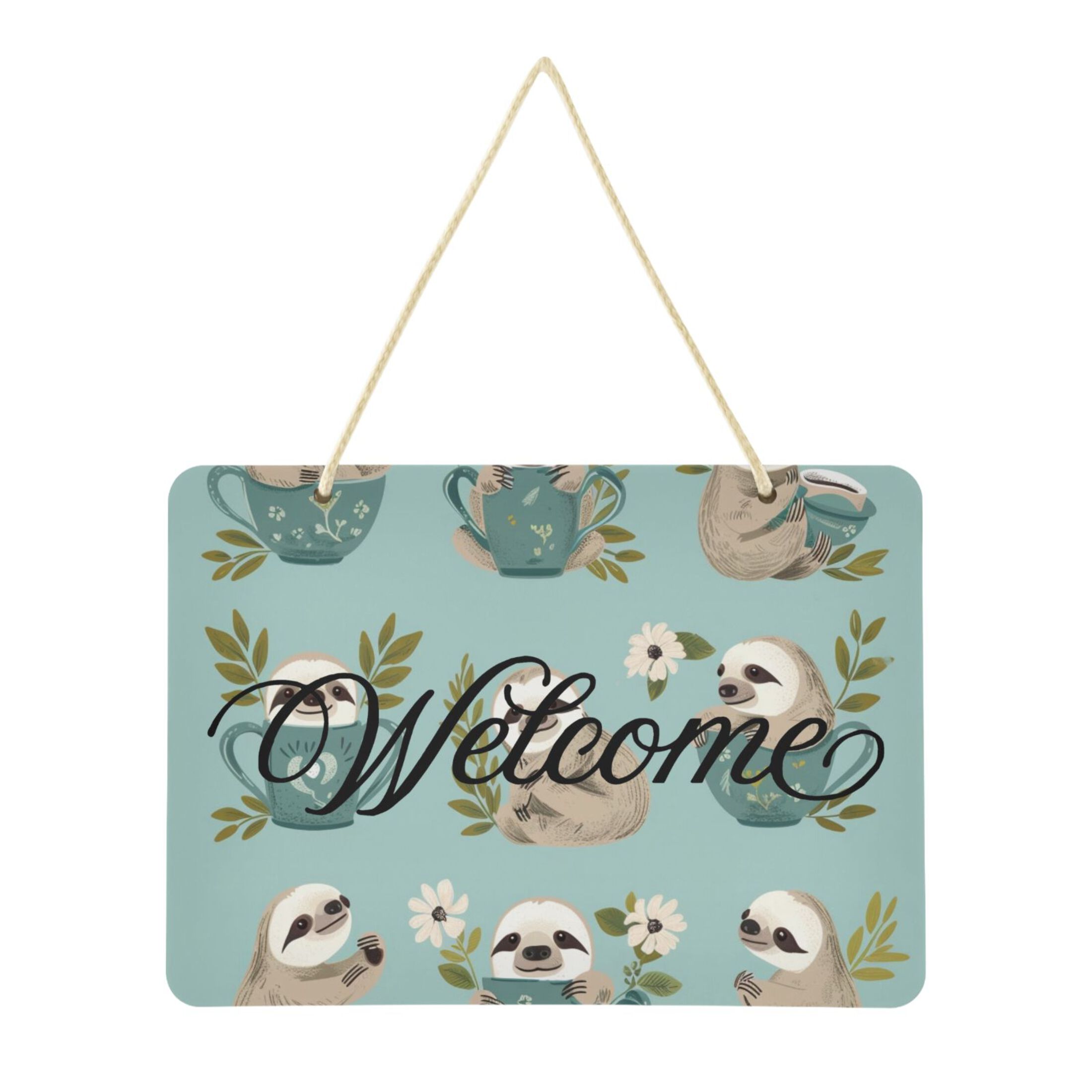 Sloths with Cup Welcome Sign Front Door PVC 14x10 inch Hanger Hello ...