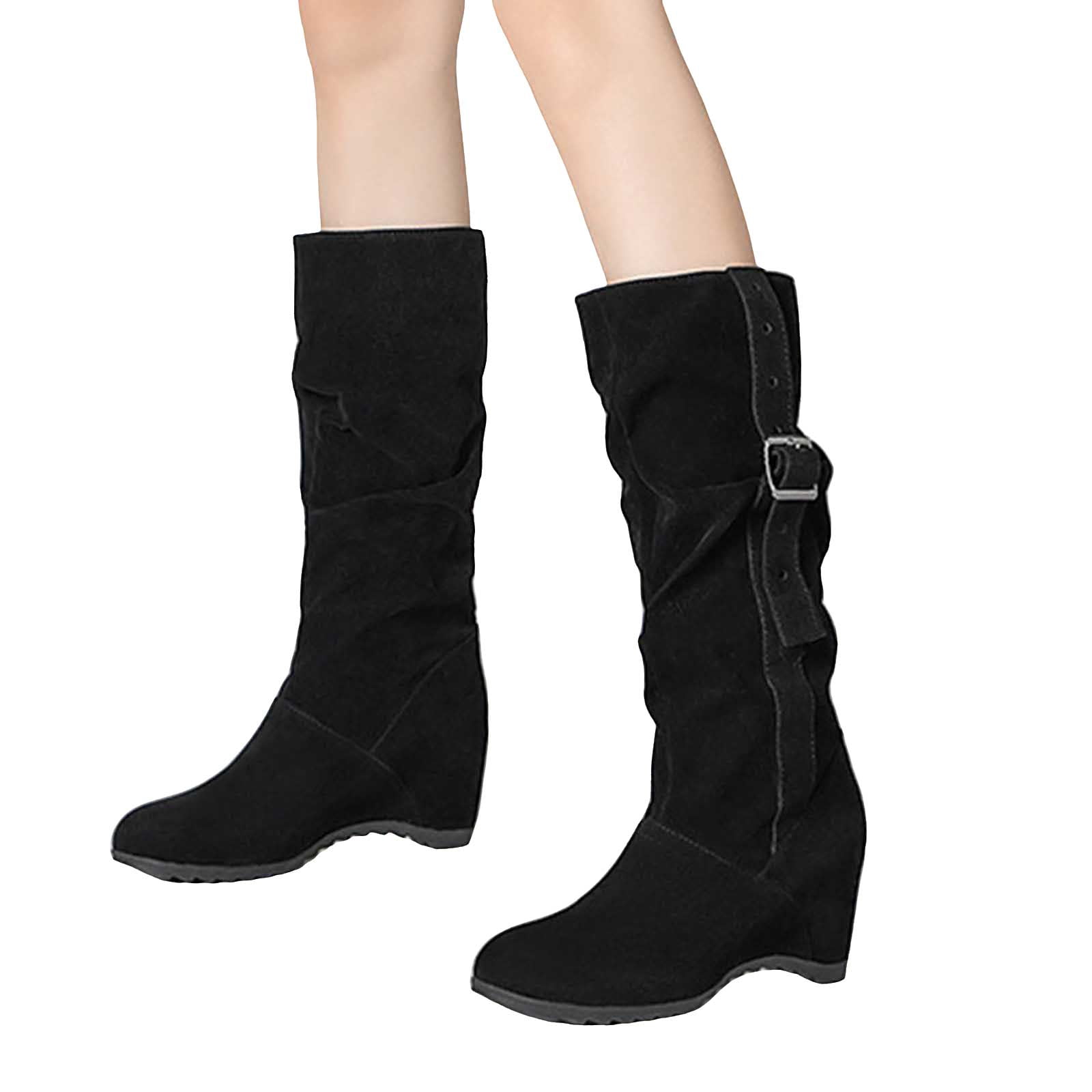 Slouch Wedge Mid Calf Dress Boots for Women 2025 Fashion Suede Round ...