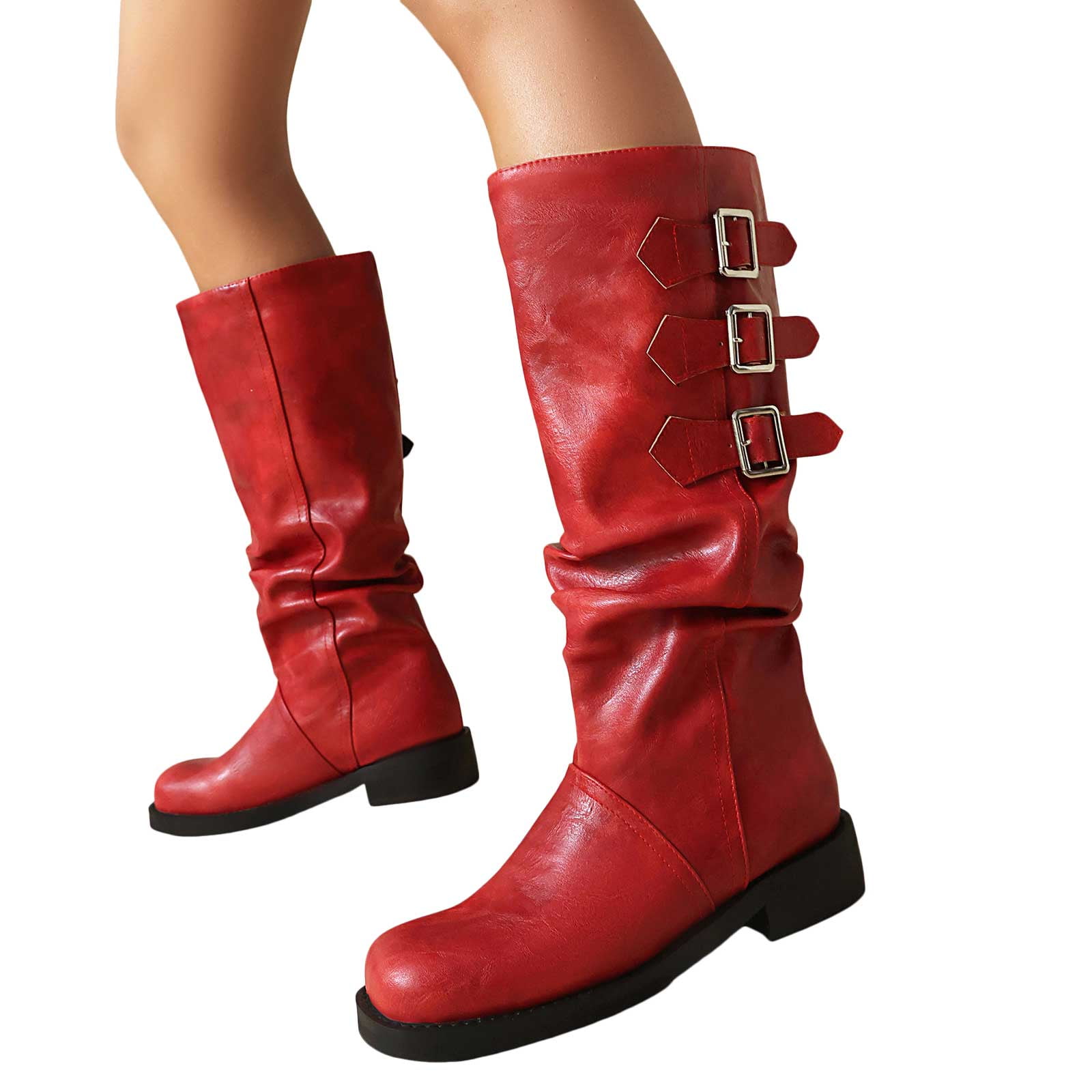Slouch Wide Mid Calf Combat Boots for Women Vintage Leather Buckles Low ...