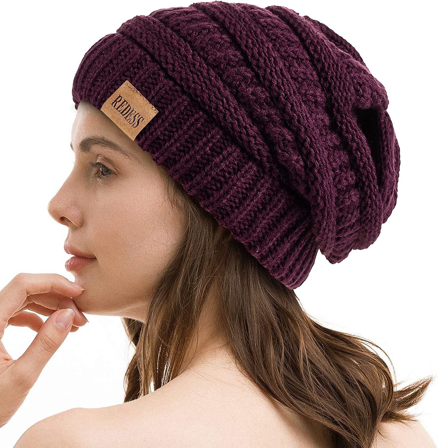 REDESS Wool Slouchy Beanie Hat for Women, Winter Warm Chunky Soft Oversized Cable Knit Cap ...