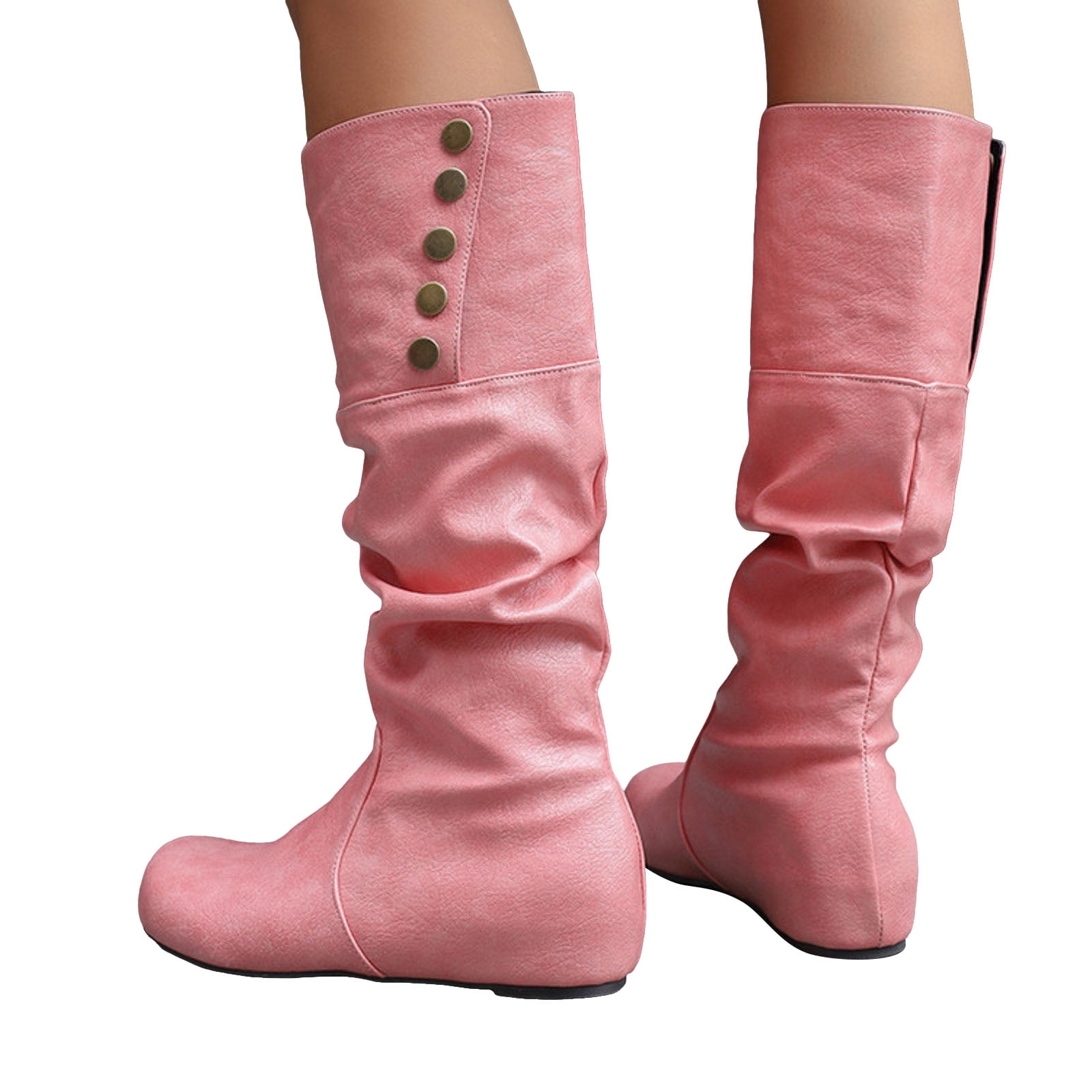 Slouchy Boots for Women Hidden Wedge Low Heel Retro Leather Round Toe ...