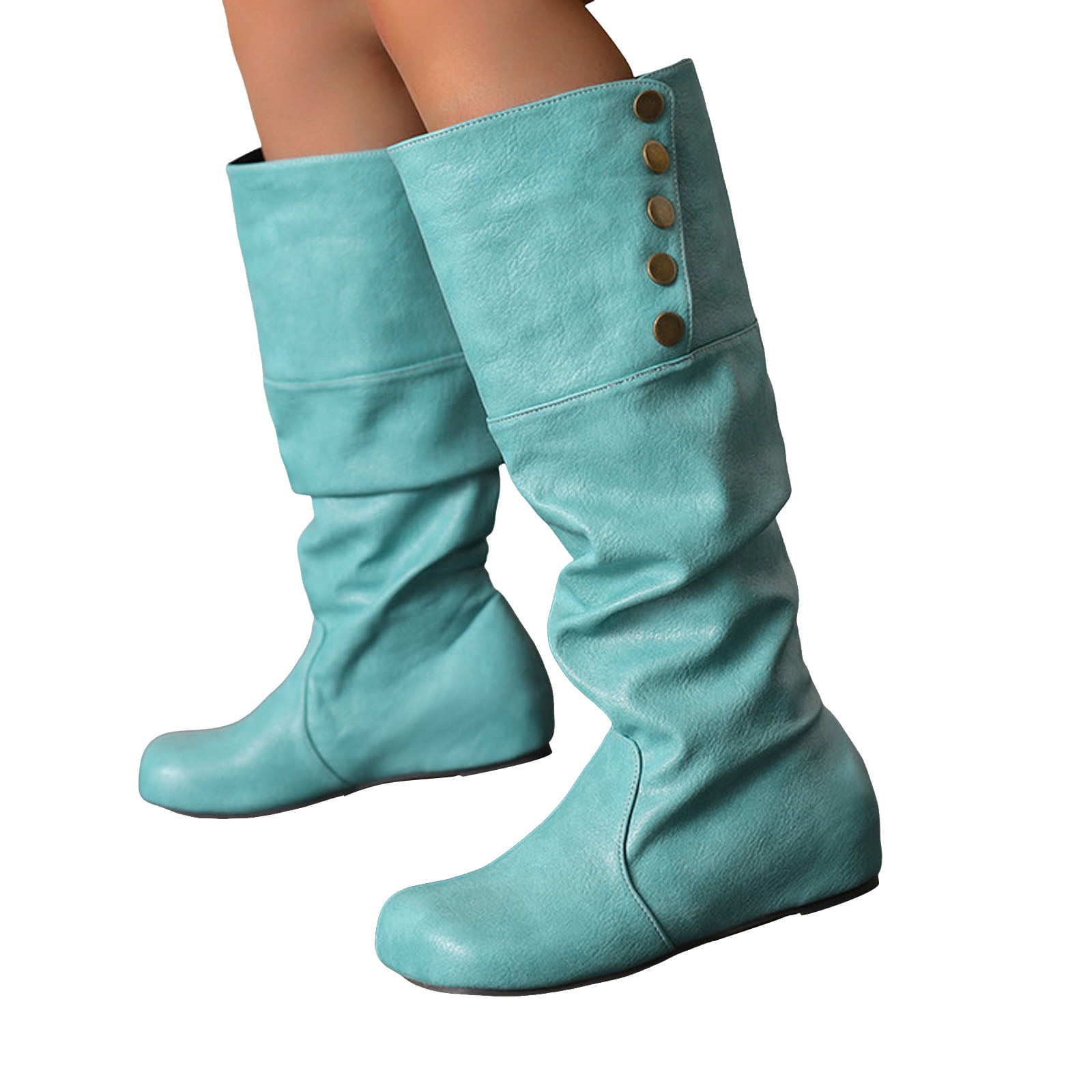 Slouchy Boots for Women Hidden Wedge Low Heel Retro Leather Round Toe ...